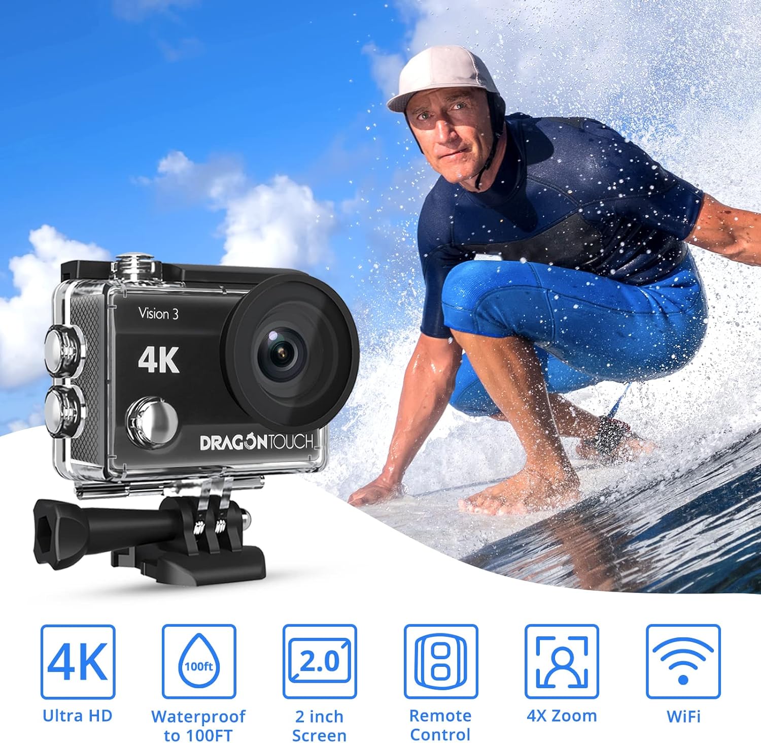Dragon Touch Vision 3 4K 20MP Waterproof Action Camera - Hiraya Solutions
