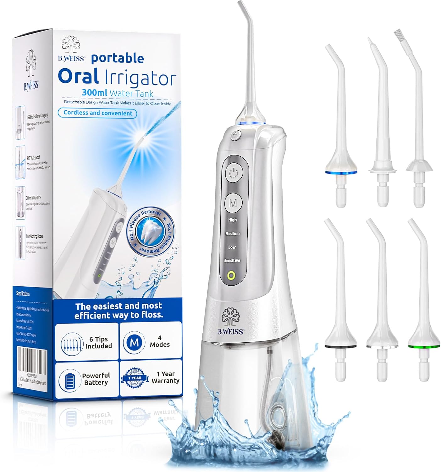 B.Weiss Portable Oral Irrigator - Water Flosser for Healthy Gums